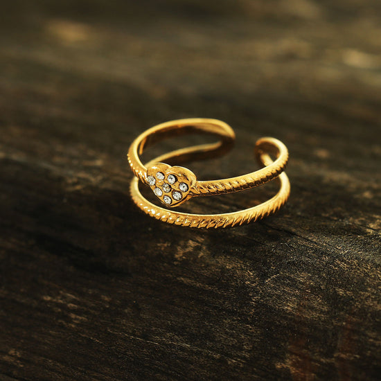 RENEE Gold: Double Stacked Zirconia (CZ) Embellished Heart Ring